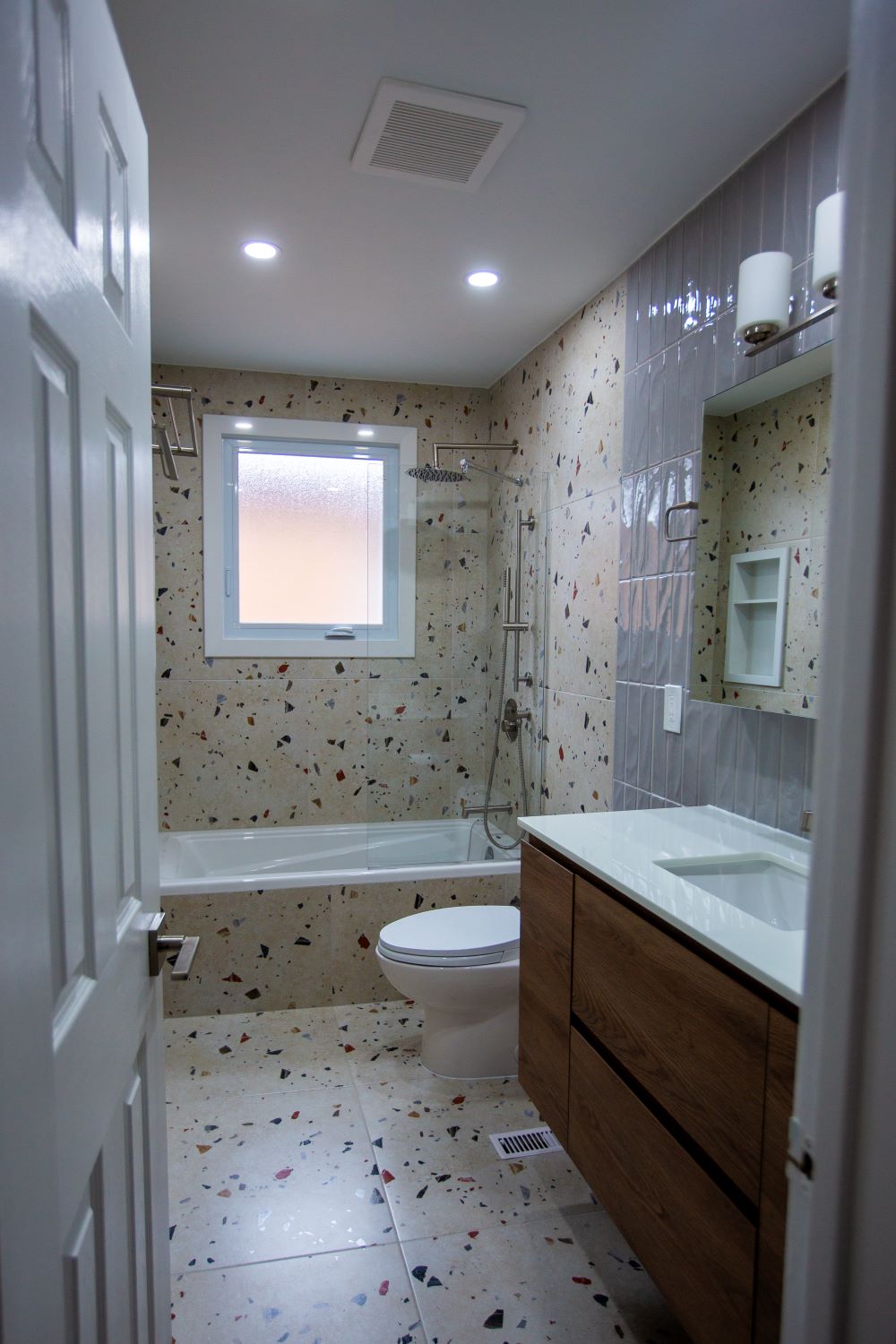 Terrazzo & Grey Tile Bathroom | Floating Wood Vanity